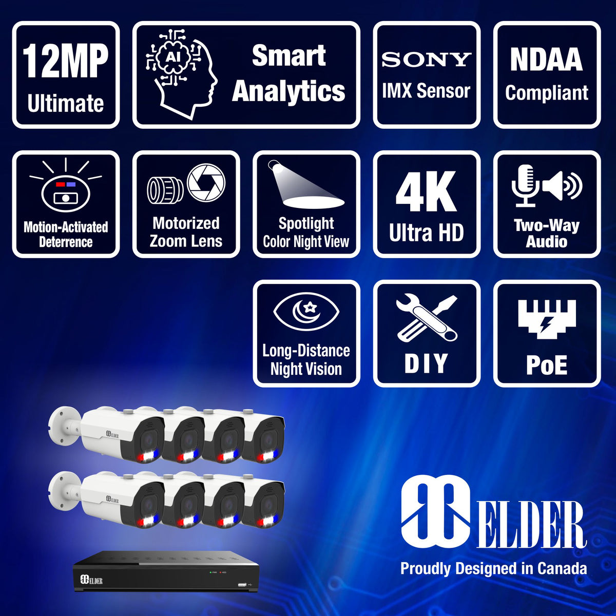 Elder AI Security Camera System Motorized 12MP NVR 16Ch PoE, 4K Camera