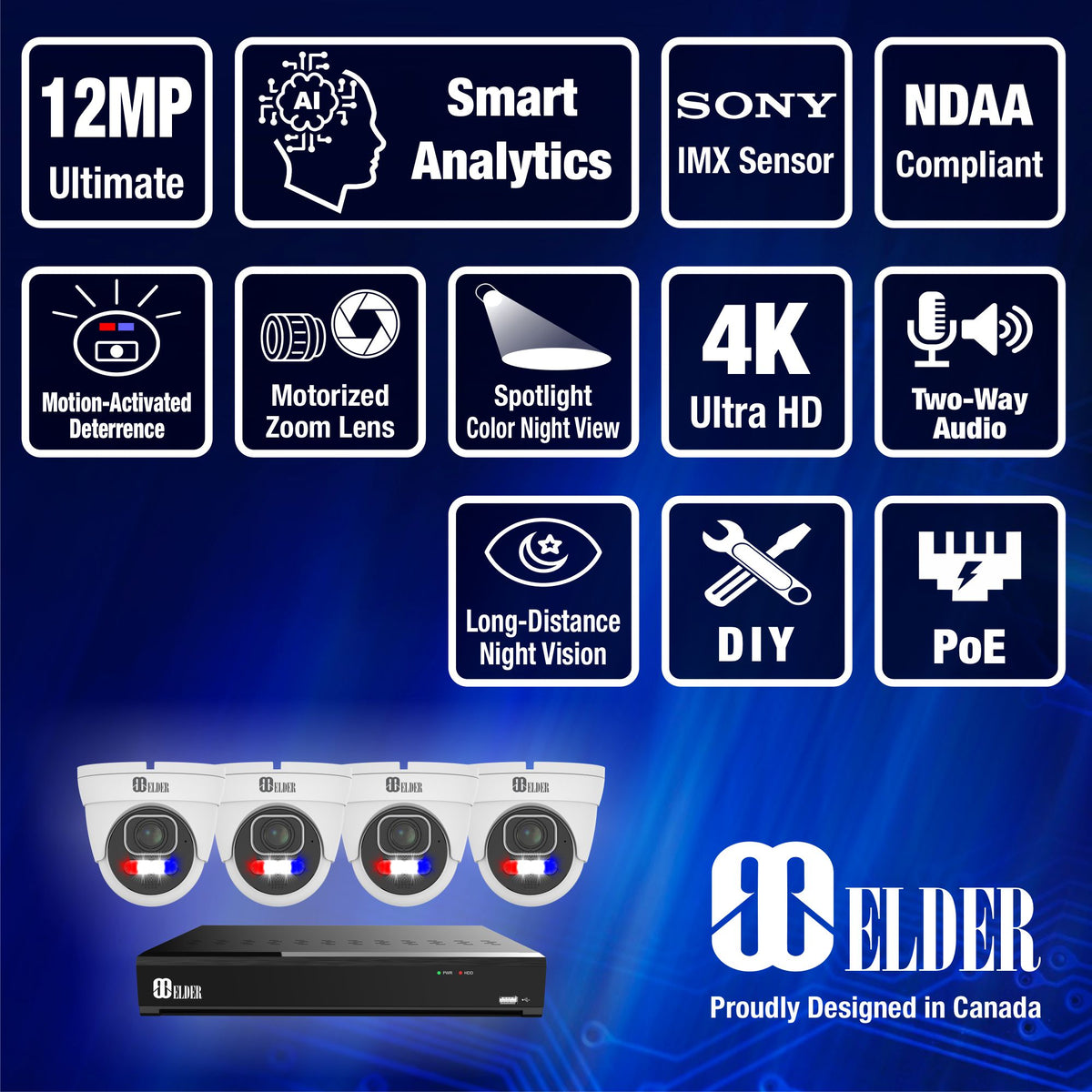 Elder AI Security Camera System Motorized 12MP NVR 8Ch PoE, 4K Cameras