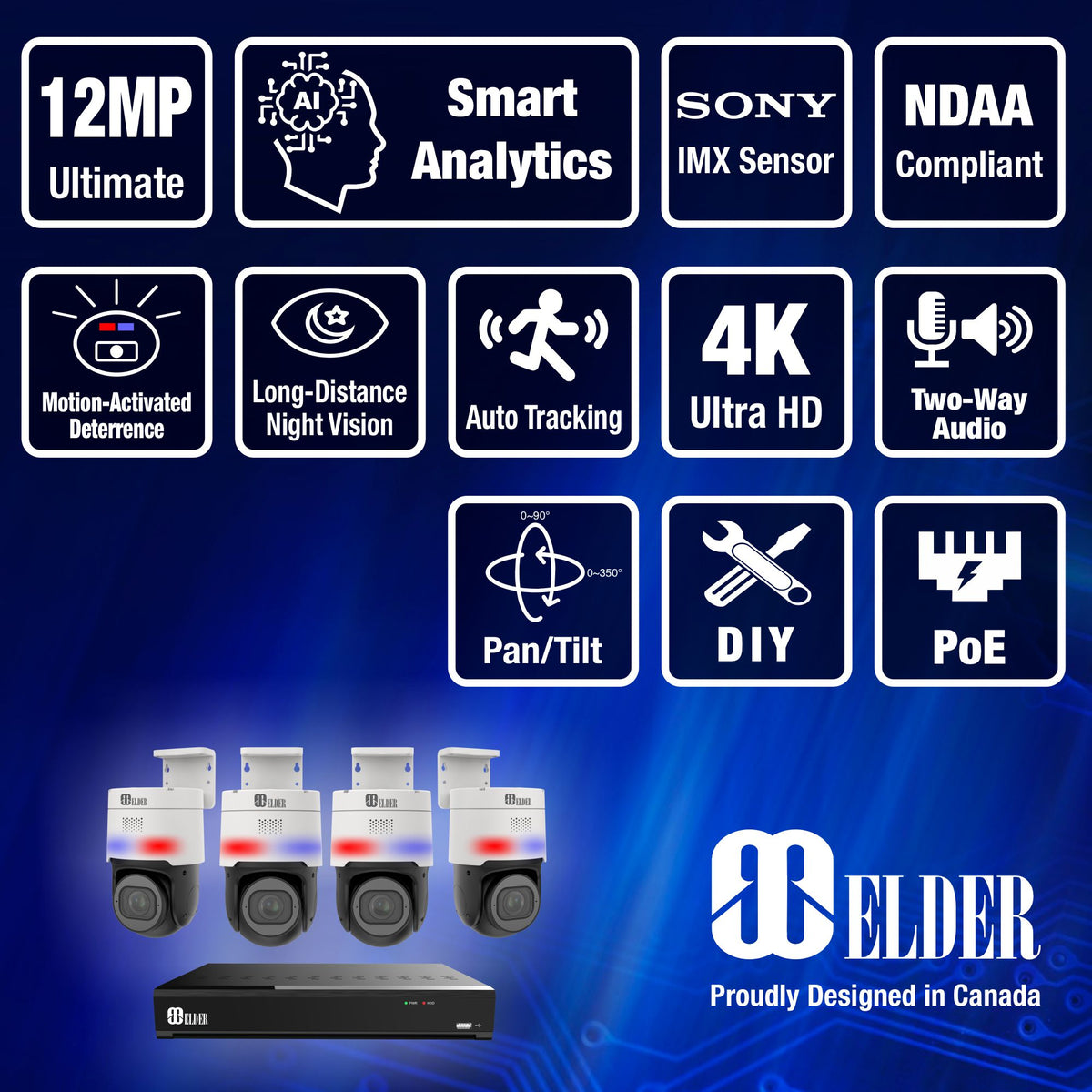 Elder AI PTZ Security Camera System PoE 2TB, 12MP NVR 8Ch & 4-Camera 4