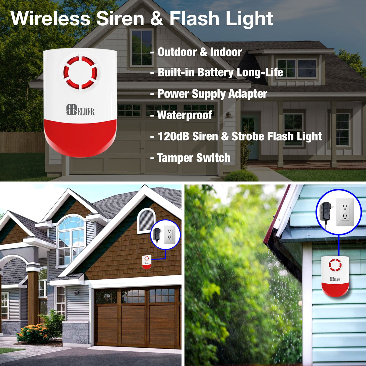 Strobe Siren Alarm Wireless Outdoor WiFi, Rechargeable Battery, Sound